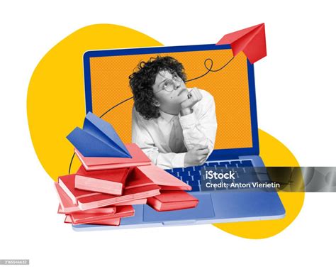 포스터 현대 미술 콜라주 사려 깊은 남자 학생은 주황색 노트북 화면에서 빨간 책 더미와 날아 다니는 종이 비행기로 나옵니다