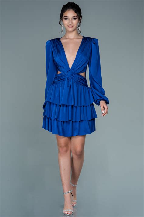 Robe de Cérémonie Courte Satin Bleu Saxe ABK1561 Abiyefon