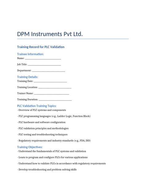 Plc Validation Training Record Dpm Instruments Pdf