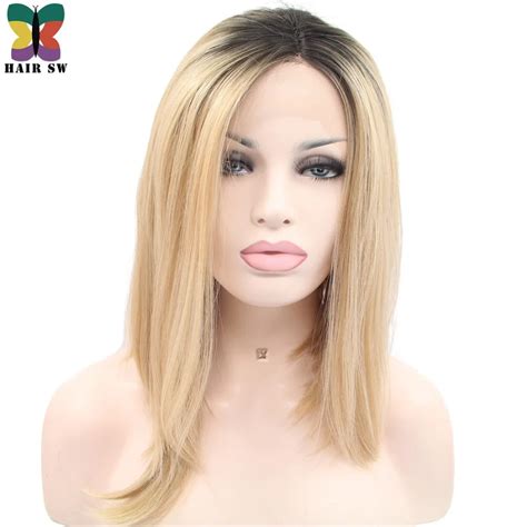 Hair Sw Short Straight Bob Lace Front Wig Synthetic Blonde Ombre With