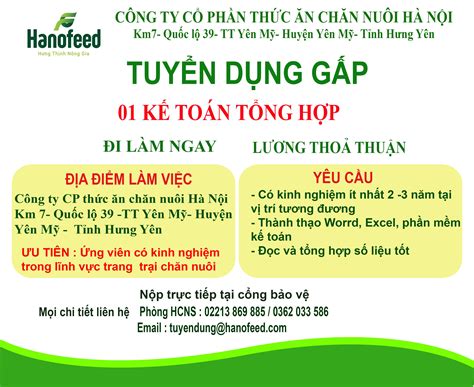 Tuyển dụng Công ty CP thức ăn chăn nuôi Hà Nội Hanofeed