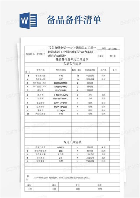 备品备件清单word模板下载 编号lbzwddpb 熊猫办公