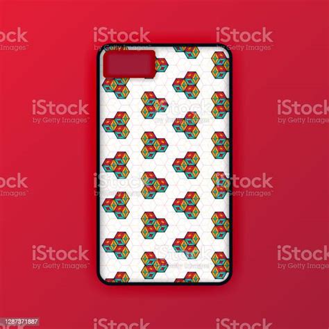 휴대 전화 케이스 모형 템플릿 빨간색 육각 기하학적 벽지와 현실적인 스마트 폰 모형 마케팅 광고 소셜 미디어 인쇄 배너 포스터 배경 배경에 사용할 수 있습니다 0명에 대한