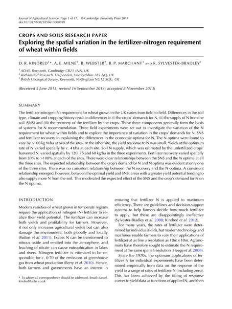 Pdf Exploring The Spatial Variation In The Fertilizer Nitrogen Requirement Of Wheat Within Fields