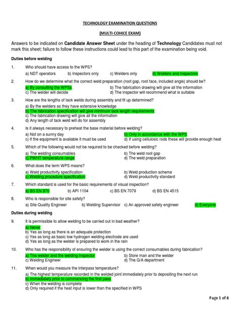 Technology Examination Questions Multi Cohice Exam Duties Before