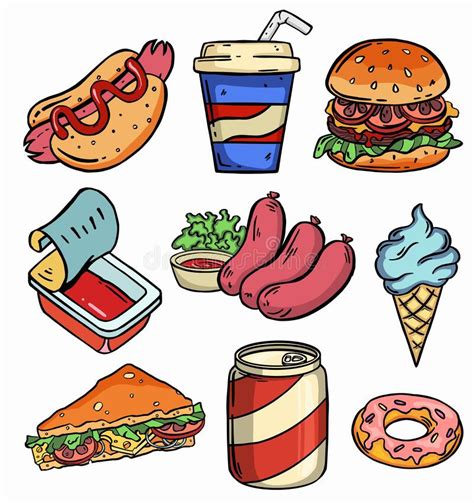 Icon Set Of Fast Food Meal Catering Unhealthy Eating Junk Food Food