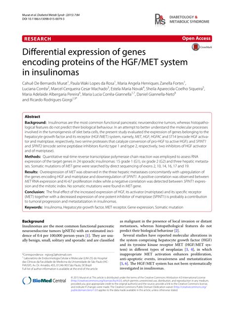 PDF Differential Expression Of Genes Encoding Proteins Of The HGF MET