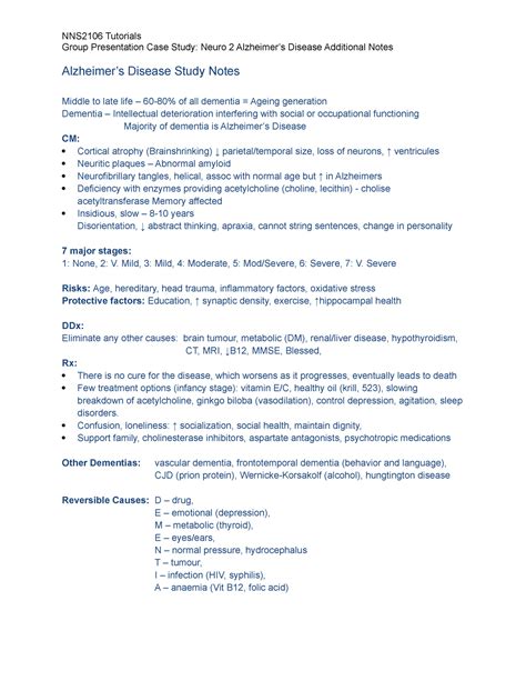 Lecture Notes Week 7 Neuro 2 Alzheimer S Disease Presentation Topic