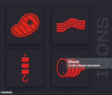 살라미 소시지 스테이크 고기 베이컨 줄무늬 구운 시시 케밥을 꼬치 스틱 아이콘에 설정합니다 벡터 가공육에 대한 스톡 벡터 아트 및 기타 이미지 Istock