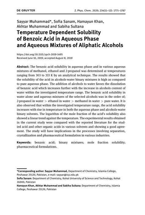 Pdf Temperature Dependent Solubility Of Benzoic Acid In Aqueous Phase