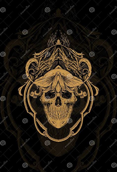 Skull With Cockroach And Temple Artwork Illustration Stock Vector