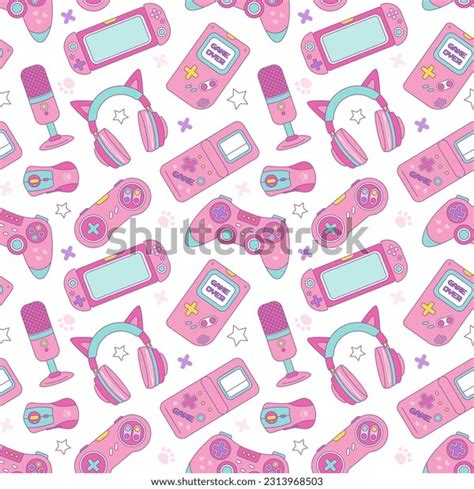 Gamer Girl Set Kawaii Style Elements Vetor Stock Livre De Direitos