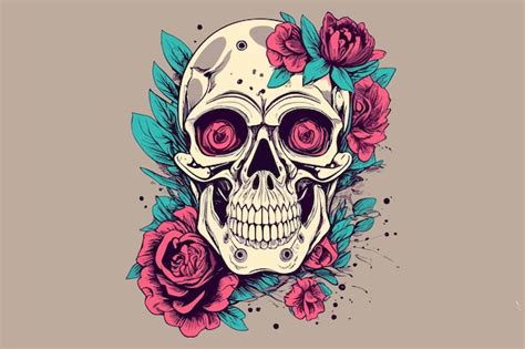 Premium Vector Skull Head Surrounded By Flowers And Leaves Illustration