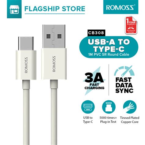 Romoss Type C Cable 3a 5a 6a 66w 100w Max Fast Charing Data Cable