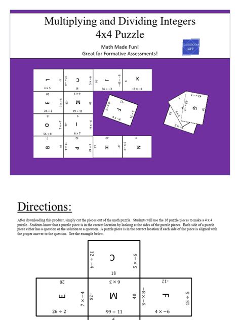 Multiplying And Dividing Integers 4x4 Puzzle Math Made Fun Great For