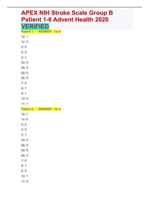APEX NIH Stroke Scale Group B Patient 1 6 Advent Health 2020 VERIFIED NIH Stuvia US