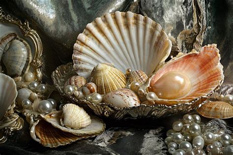 A Collection Of Shells And Pearls Are Displayed On A Table Stock