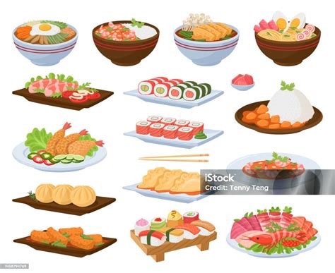 만화 아시아 음식 요리입니다 일본 해산물 전통 아시아 요리 라면 수프 연어 쌀 튀김이 접시에 평평한 벡터 일러스트 세트 맛있는 동양 해산물 요리 컬렉션 음식에 대한 스톡