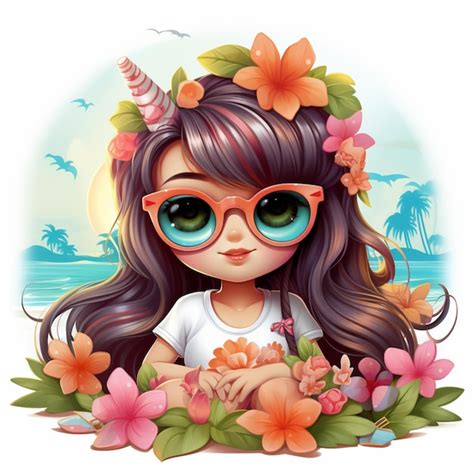 Niña de dibujos animados con flores y cuerno de unicornio en el cabello