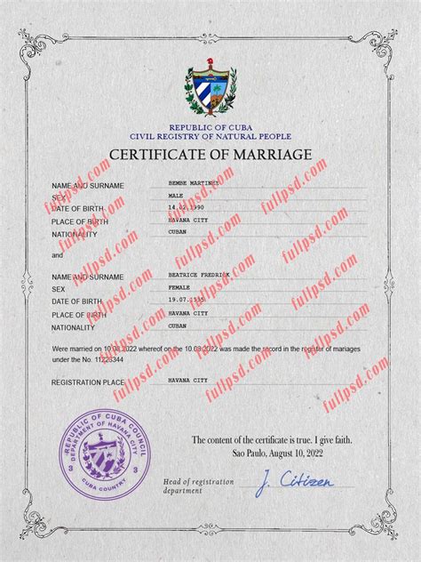 Cuba Marriage Certificate Psd Photoshop Template Fullpsd