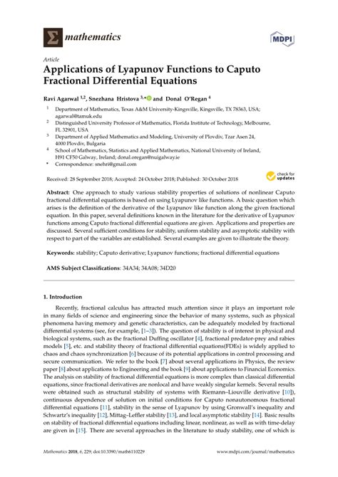 Pdf Applications Of Lyapunov Functions To Caputo Fractional