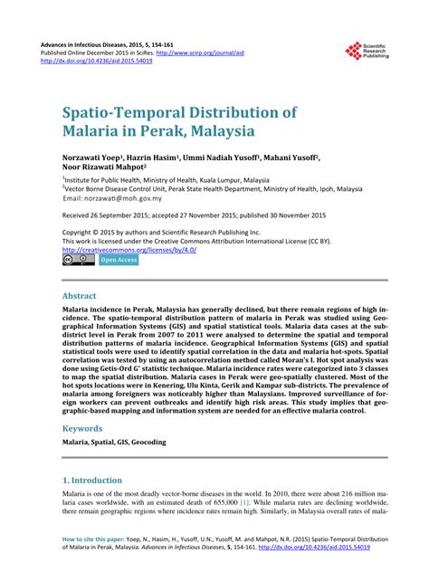 Pdf Spatio Temporal Distribution Of Malaria In Perak Malaysia