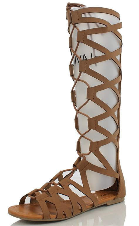 Soda Womens Reanna Open Toe Lace Up Gladiator Knee High Flat Sandal