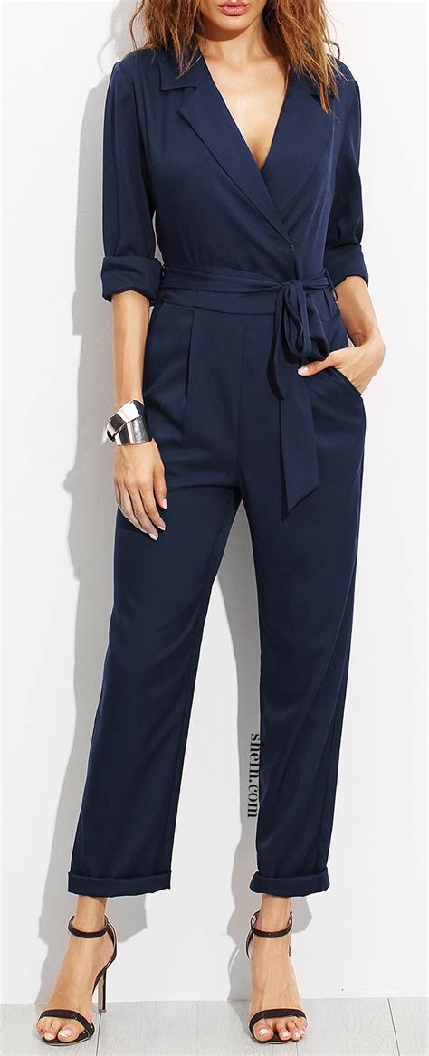 Surplice Lapel Neckline Self Tie Jumpsuit Jumpsuits For Women
