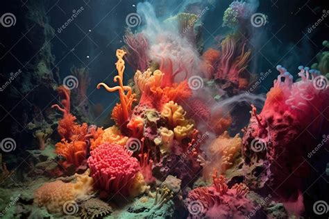 Colorful Hydrothermal Vents Surrounded By Deep Sea Fauna Stock Image