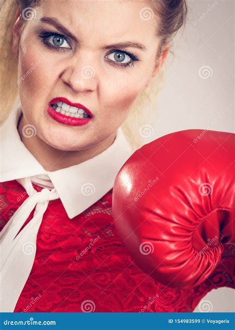 Angry Woman Wearing Boxing Gloves Stock Image Image Of Grey Boxing