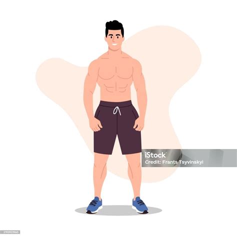 잘 생긴 운동 선수 남자의 벡터 그림 탄탄한 몸매 복근 이두박근 곱슬 머리 반바지와 운동화를 입고 웃는 귀여운 운동 소년의 만화