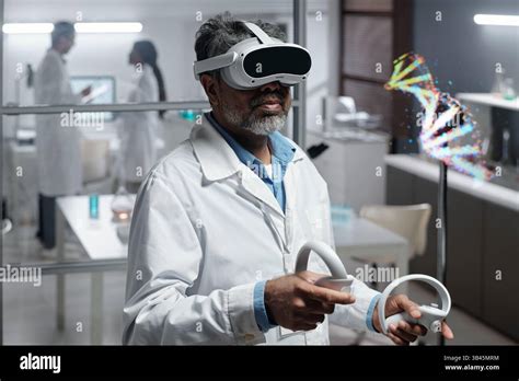 Scientist Wearing Vr Headset Is Conducting Experiment In Laboratory Interacting With Digital
