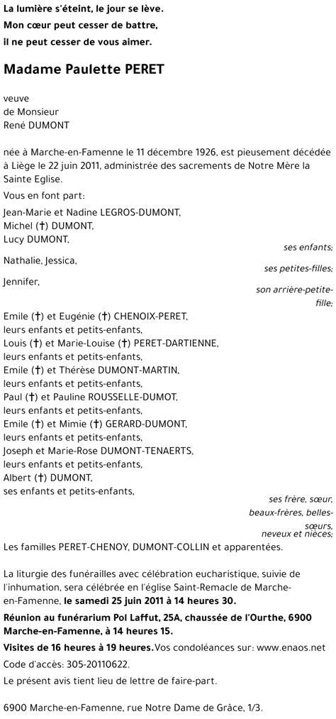 Avis De Décès De Paulette Peret Décédé Le 22062011 à Liège Annonce