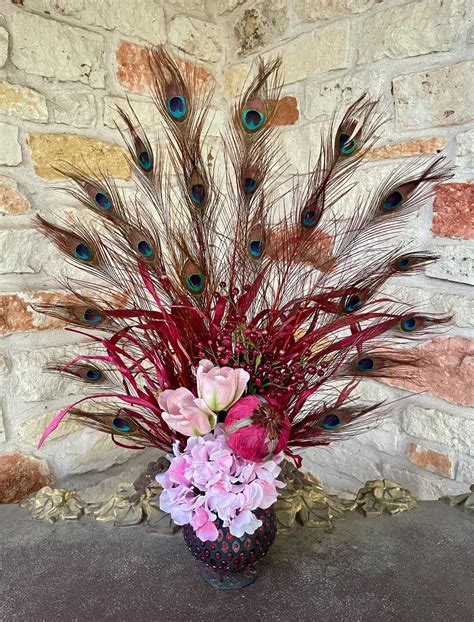 Large Peacock Feather Floral Arrangement Elegant Chic Home Decor With
