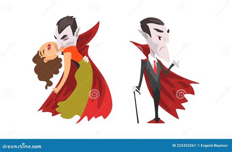 Vampire Set Count Dracula Character Wearing Black And Red Cape Happy