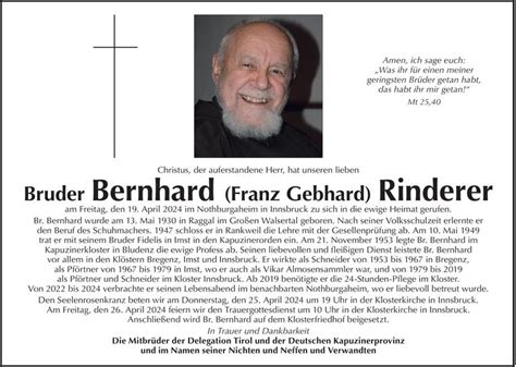 Traueranzeige Von Franz Gebhard Rinderer Vom 19 04 2024 Tiroler