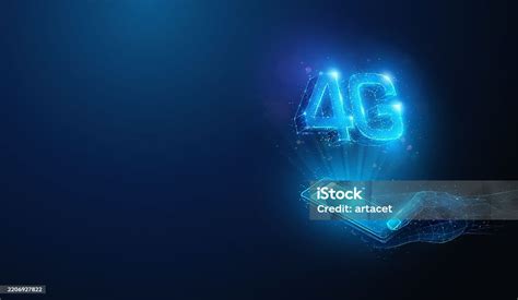 스마트폰을 통한 Low Poly 4g 모바일 네트워크 4 세대 무선 통신 하드웨어 기술 개념에 대한 추상적 인 기하학적 그림 파란색 배경에 와이어 프레임 메쉬 3차원 형태에