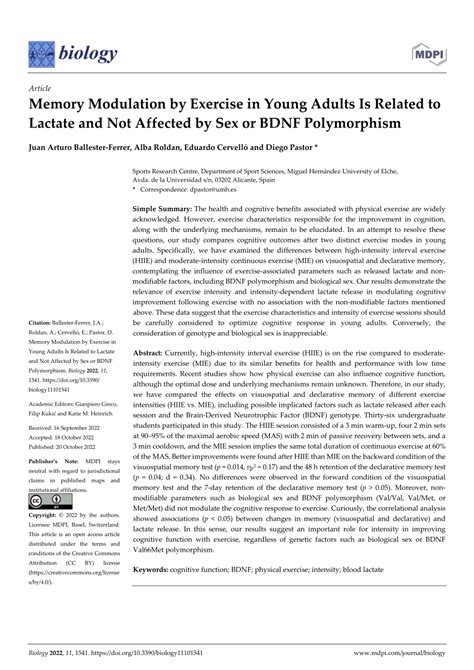 Pdf Memory Modulation By Exercise In Young Adults Is Related To