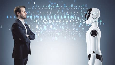 Businessman And Humanoid Robot Facing Each Other With Binary Code Floating Between Them Stock