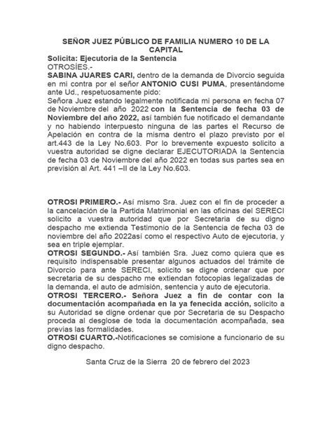 Modelo De Memorial Para Solicitar Ejecutoria De La Sentencia Pdf