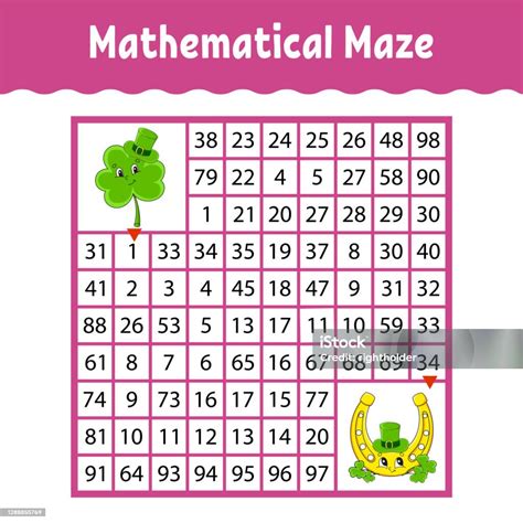 수학 사각형 미로 아이들을위한 게임 숫자 미로 교육 워크 시트 활동 페이지입니다 아이들을위한 퍼즐 만화 캐릭터 색상 벡터 그림입니다 성 패트릭의 날 0명에 대한 스톡 벡터