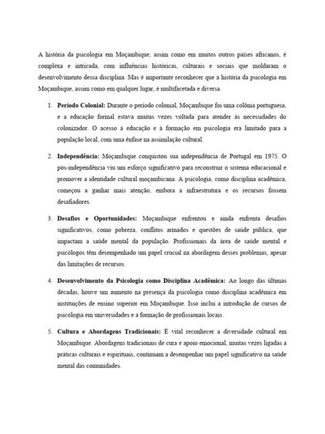 A História Da Psicologia Em Moçambique Pdf Moçambique Psicologia