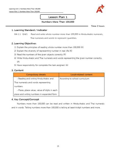 Lesson Plan 1 1 Numbers More Than 100000 Pdf Learning Lesson Plan
