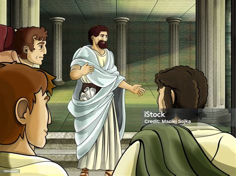 로마 또는 그리스와 만화 장면 사원과 같은 일부 고대 건물 근처 고대 문자 건축에 대한 스톡 벡터 아트 및 기타 이미지 건축 건축물 계단 및 층계 Istock