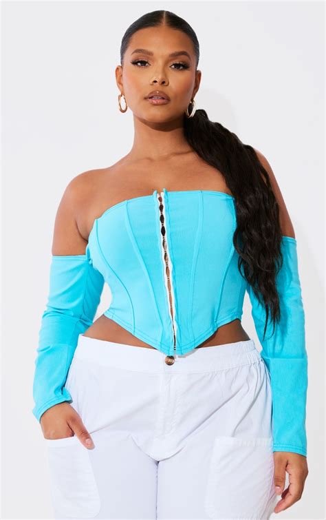 Plus Bright Blue Stretch Woven Corset Top Prettylittlething