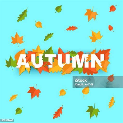 녹색 노란색 빨간색 단어가을 구성 종이 스타일 컷에 파란색 배경에 나뭇잎 가 잎 디자인 포스터 배너 전단지에 대 한 현실적인 노란 편지 T셔츠 인쇄 벡터 일러스트 레이 션