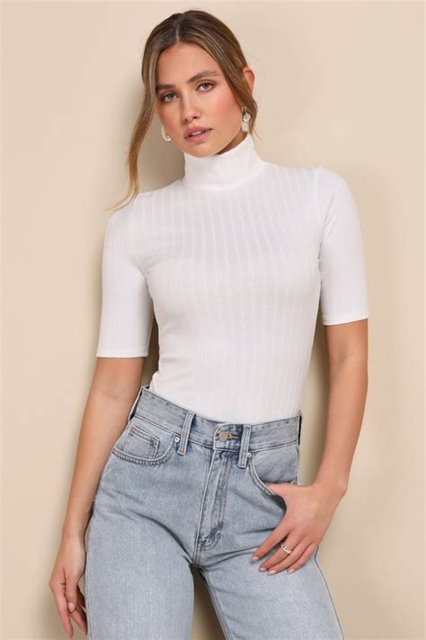 Chic Ivory Ribbed Top Mock Neck Top Elbow Sleeve Top Lulus