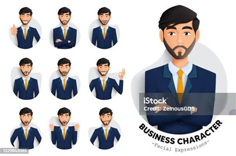 비즈니스 맨 문자 벡터 세트입니다 직원 컬렉션 디자인에 대한 진지하고 행복하며 미소와 분노의 얼굴 표정을 가진 사업가 남성 캐릭터 경영자에 대한 스톡 벡터 아트 및 기타