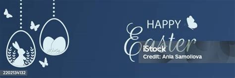 축제 수평 해피 부활절 배너 컷 종이 효과 부활절 달걀 토끼 나비와 함께 파란색 배경에 디자인합니다 벡터 일러스트 레이 션 개념에 대한 스톡 벡터 아트 및 기타 이미지