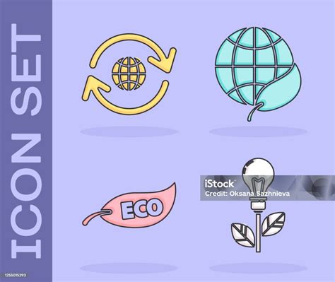 잎 행성 지구와 재활용 잎 에코 기호와 지구 지구와 잎 아이콘전구를 설정합니다 벡터 0명에 대한 스톡 벡터 아트 및 기타 이미지